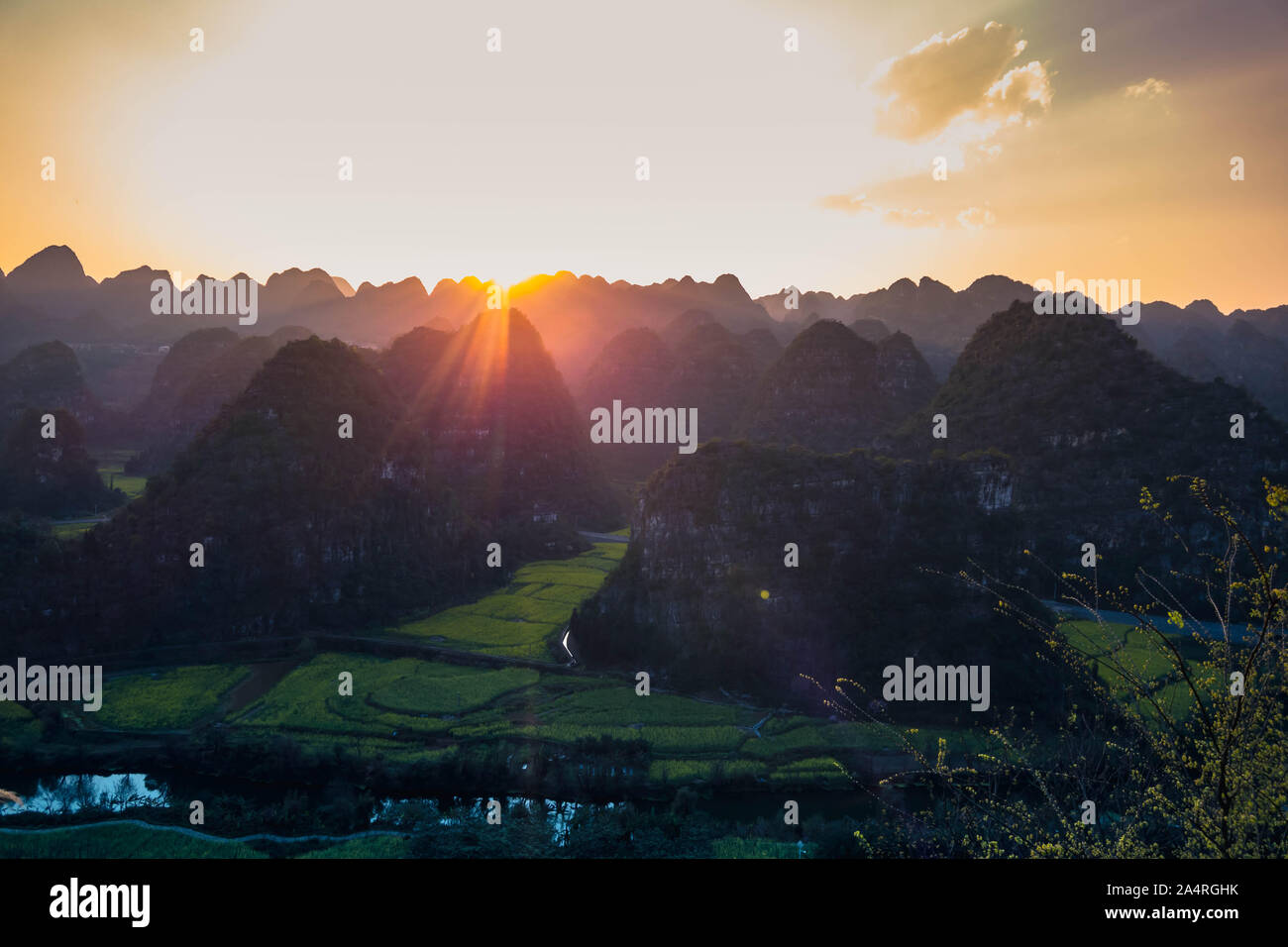 Sunset with Rapeseed flower field at Wanfenglin National Geological ...