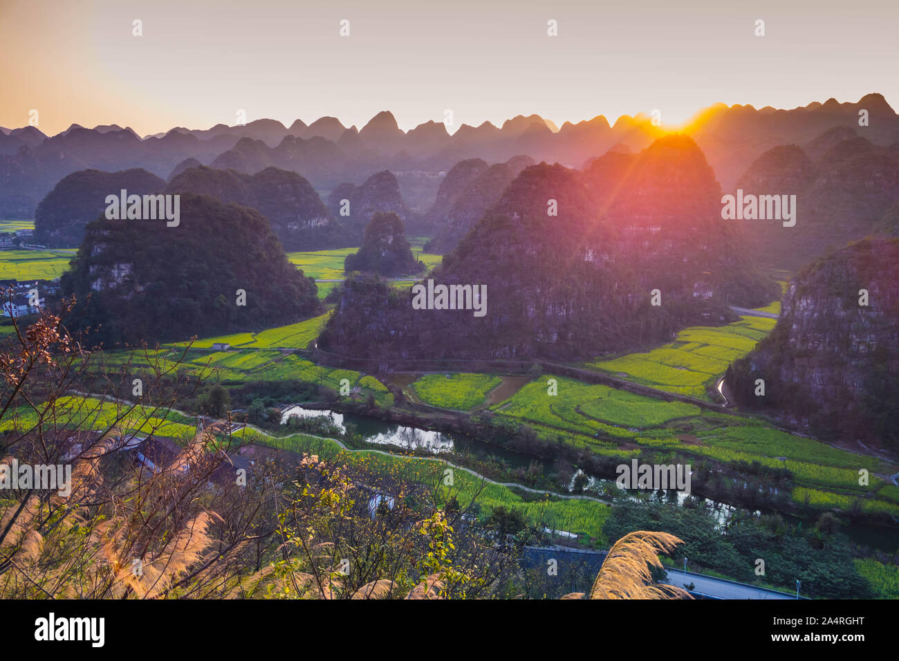 Sunset with Rapeseed flower field at Wanfenglin National Geological ...