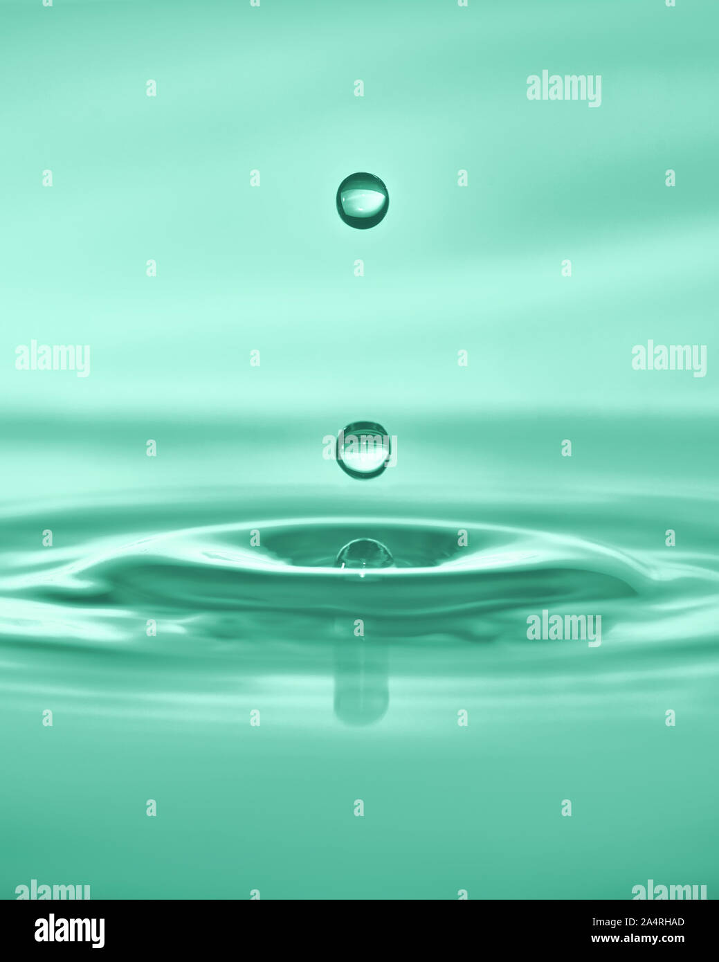 Close-up on water drops falling in the water and circular waves on ...
