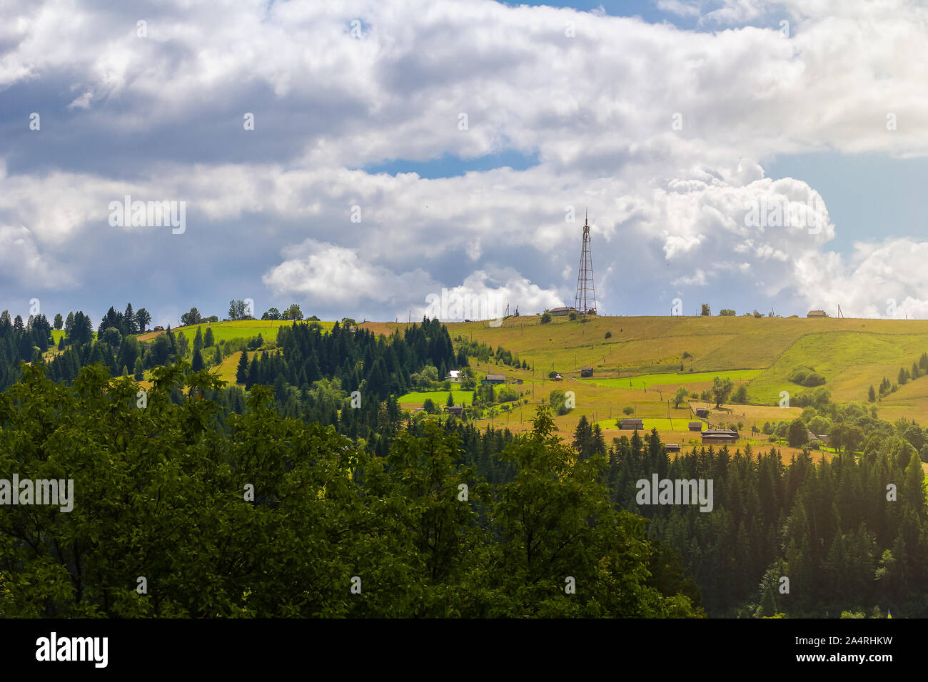 Ukraine, Carpathians. View of the Verkhovyna village from the lookout ...