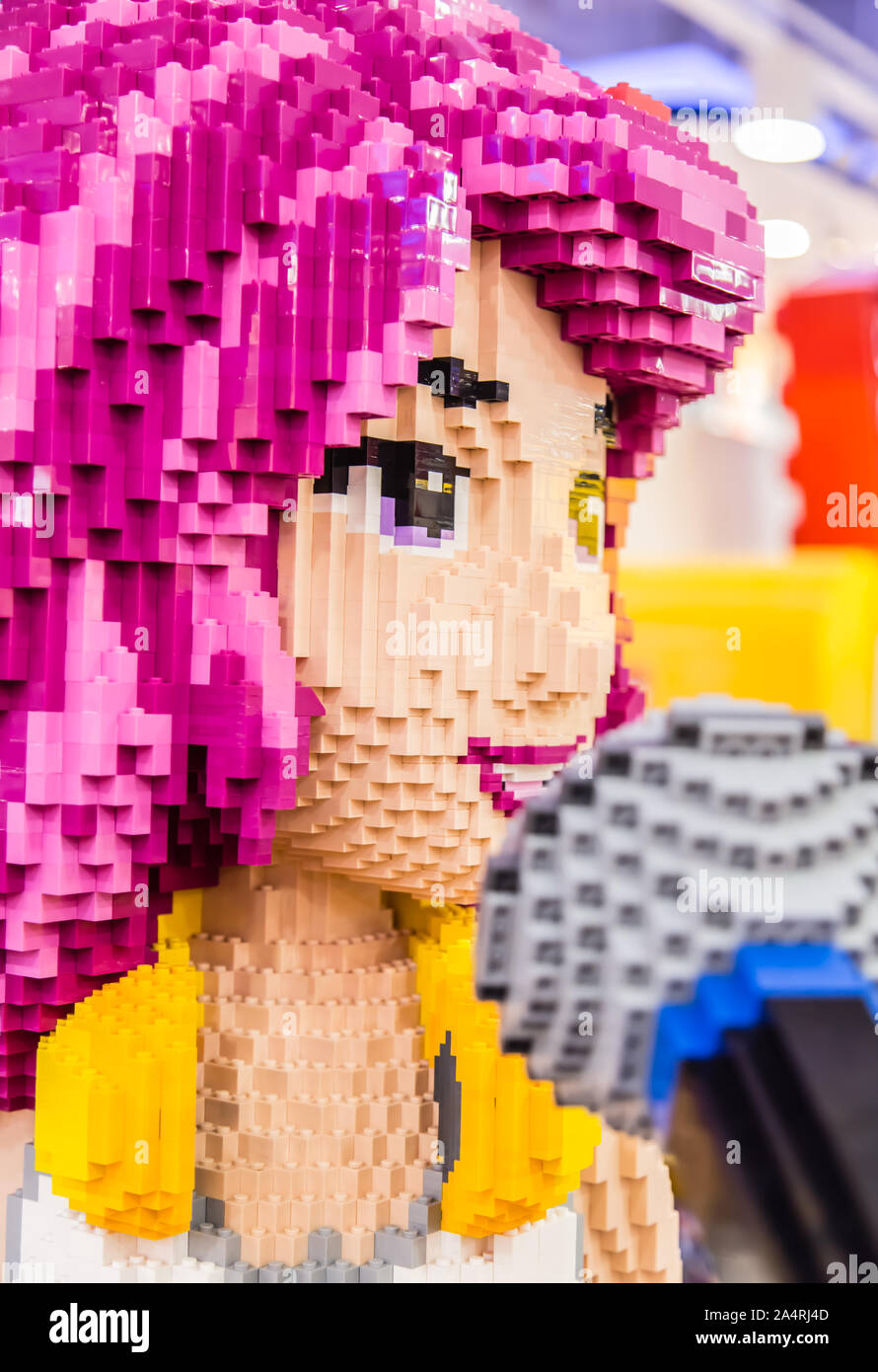 Singapore-26 SEP 2017: colorful Lego brick toy girl figure face closeup ...