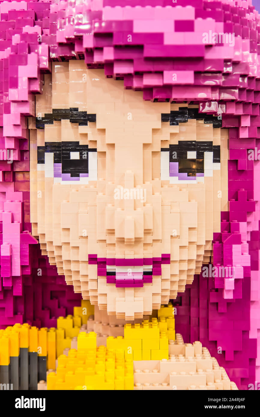 Singapore-26 SEP 2017: colorful Lego brick toy girl figure face closeup ...