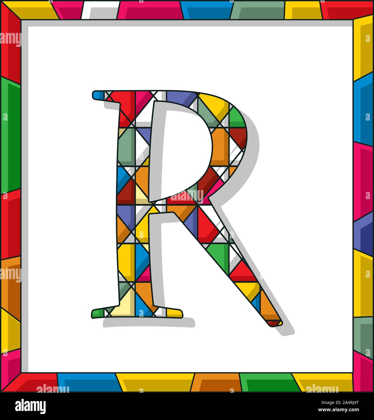 Stained glass letter R over white background, framed vector Stock ...