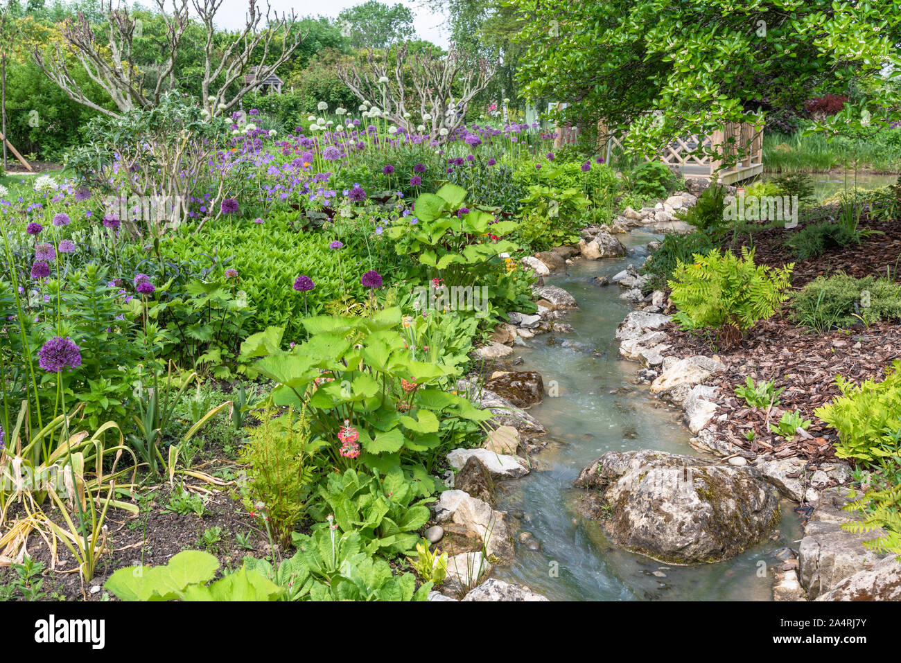 Garden with stream flowing through it Stock Photo - Alamy