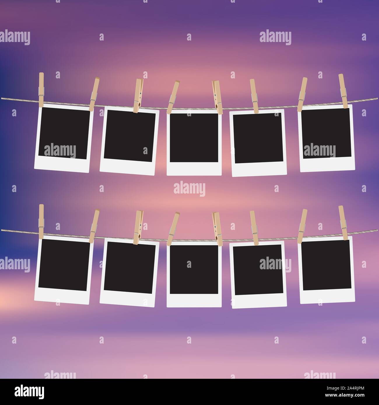 Retro photo frames hung on a rope with wooden clothespins Stock Vector ...