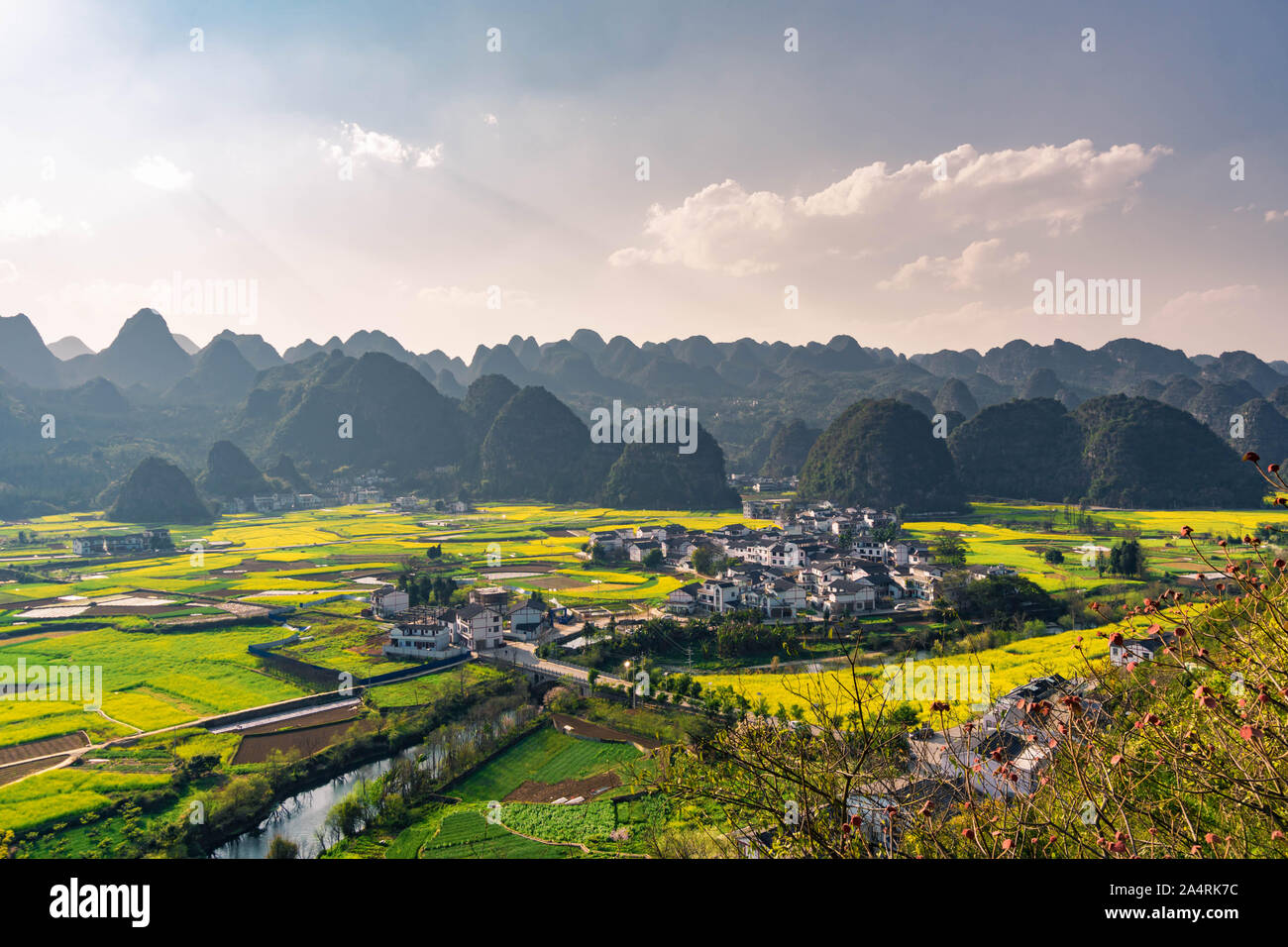 Rapeseed flower field and villages at Wanfenglin National Geological ...