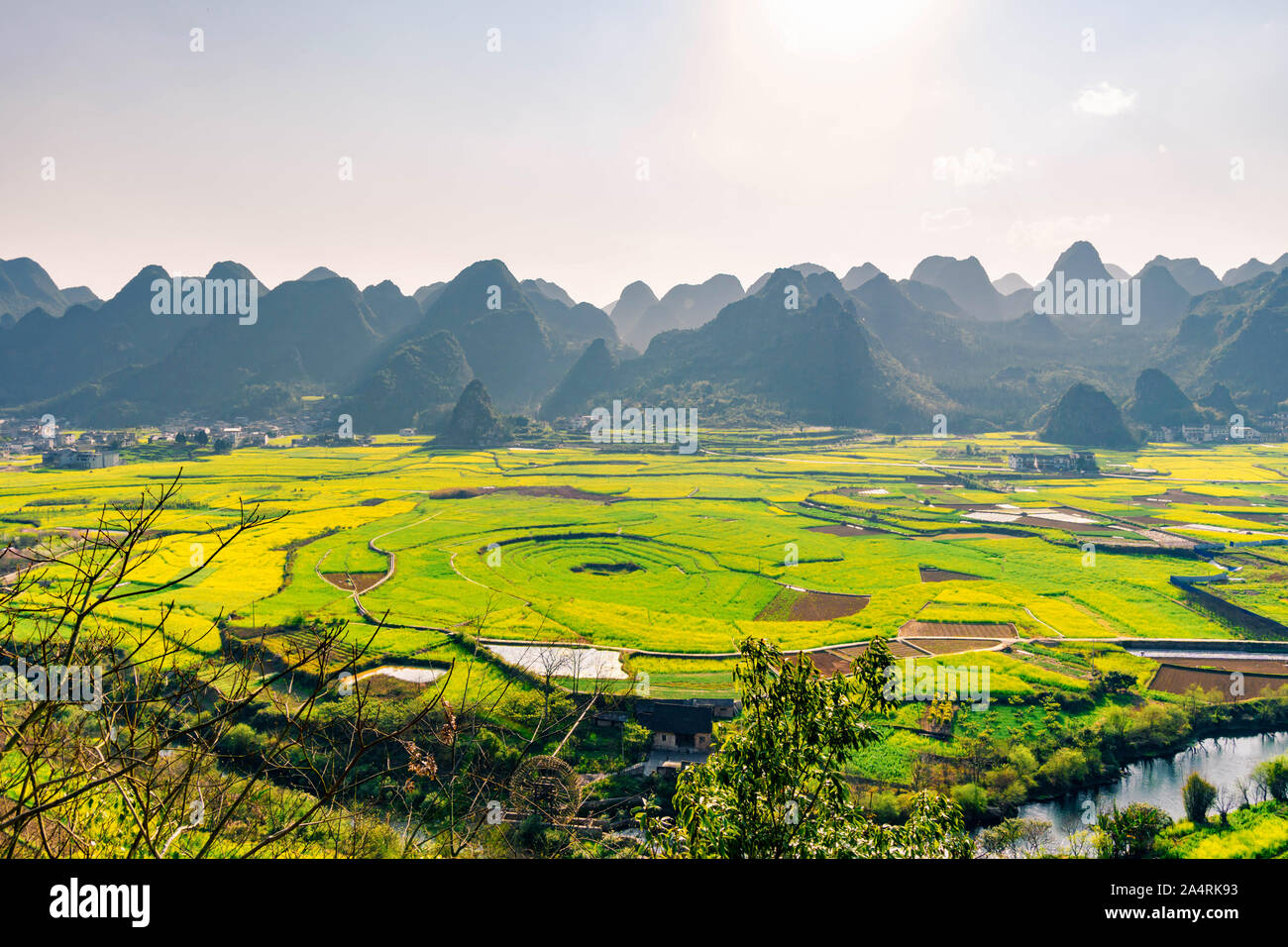 Rapeseed flower field and villages at Wanfenglin National Geological ...