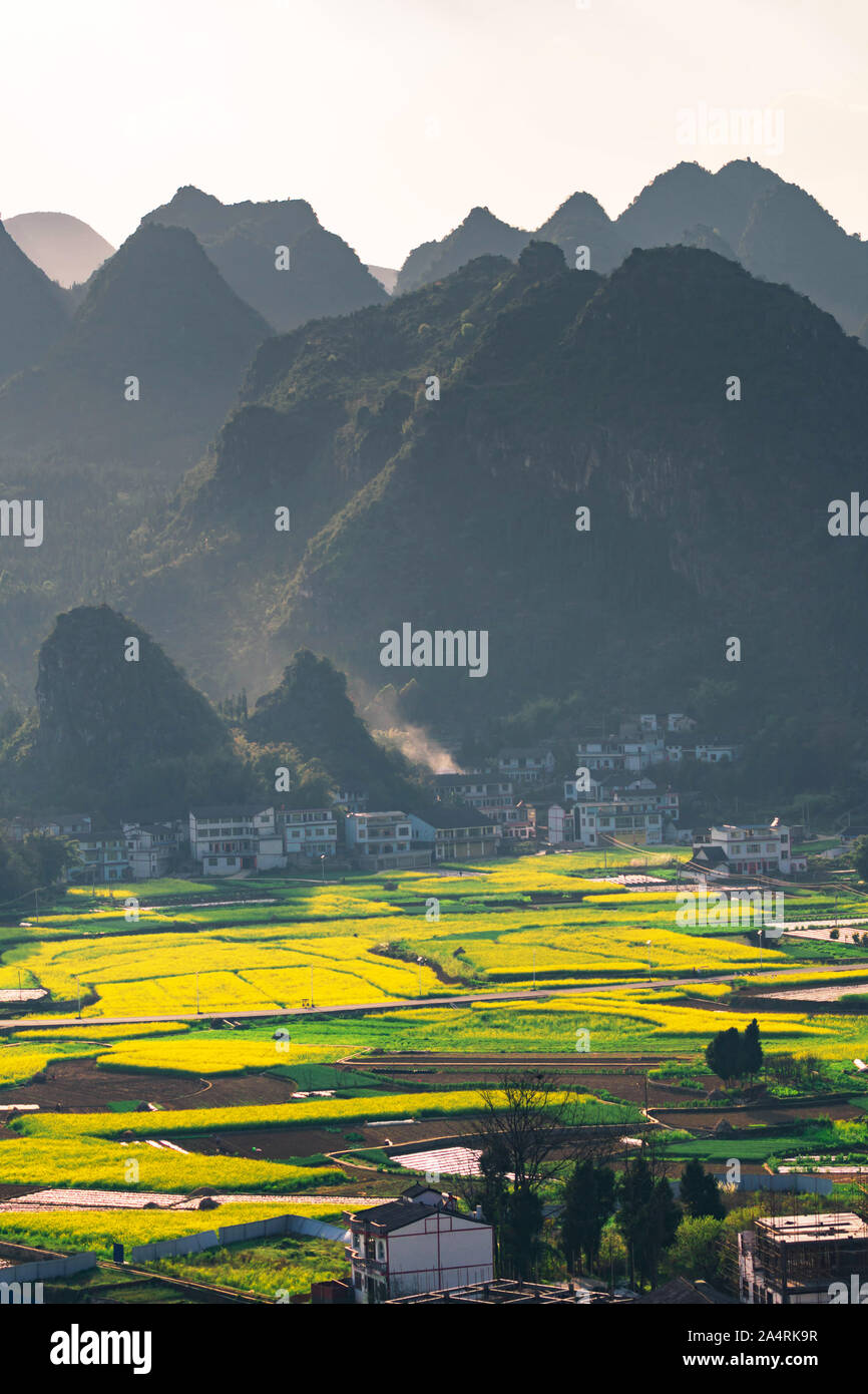 Rapeseed flower field and villages at Wanfenglin National Geological ...