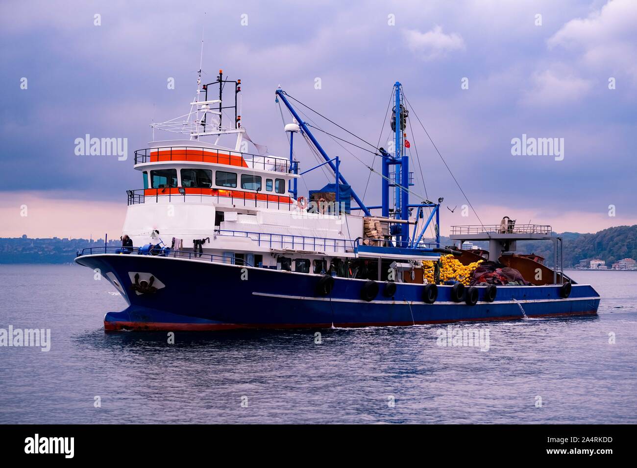 Big fishing trawler boat in Bosphorus harbor, Istanbul, Turkey Stock ...