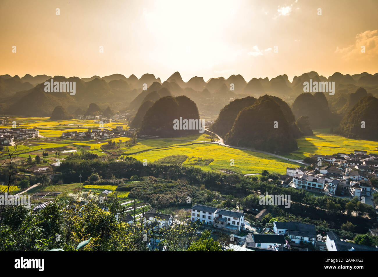 Rapeseed flower field and villages at Wanfenglin National Geological ...
