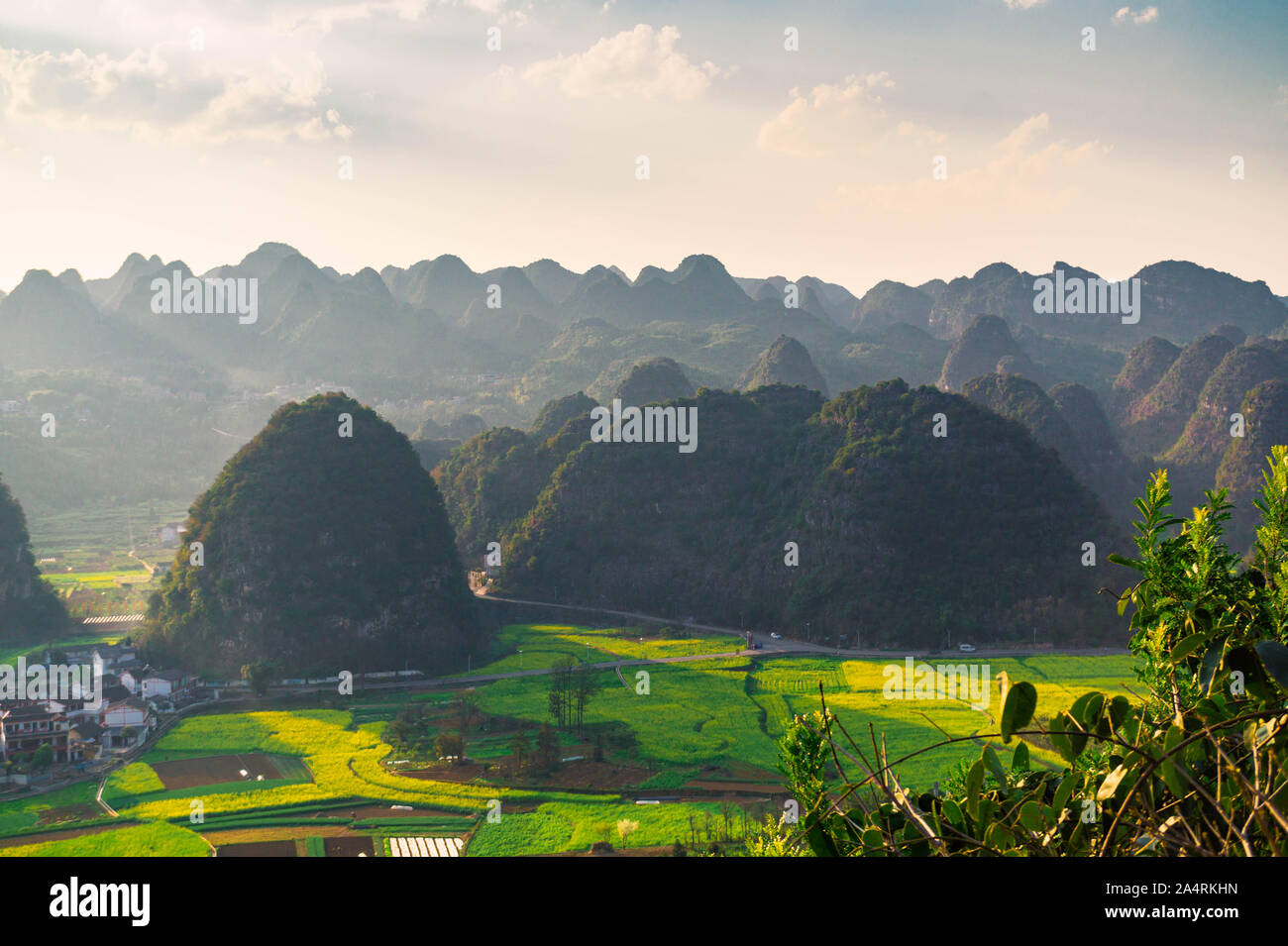 Rapeseed flower field and villages at Wanfenglin National Geological ...