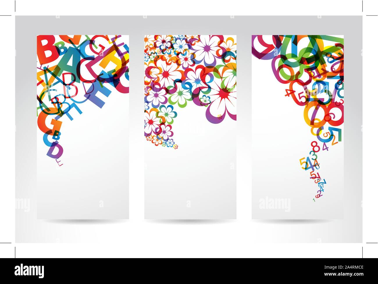 Vertical Banners with colorful rainbow numbers, letters, flowers Stock ...