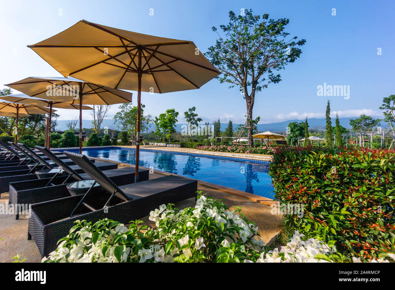 Relaxing area beside swimming pool Stock Photo - Alamy