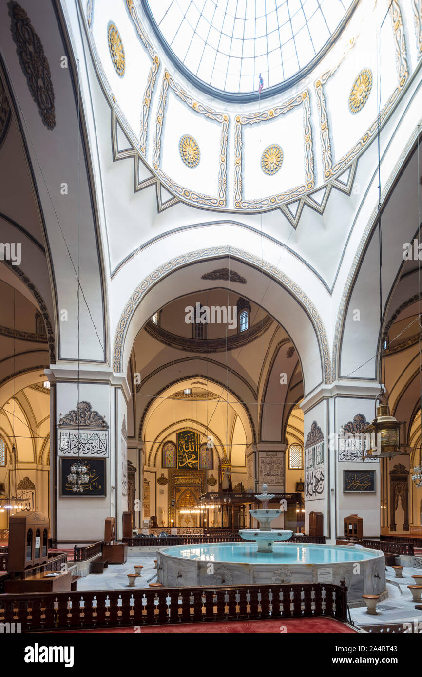 view with central fountain, Great Mosque of Bursa, Turkey Stock Photo ...