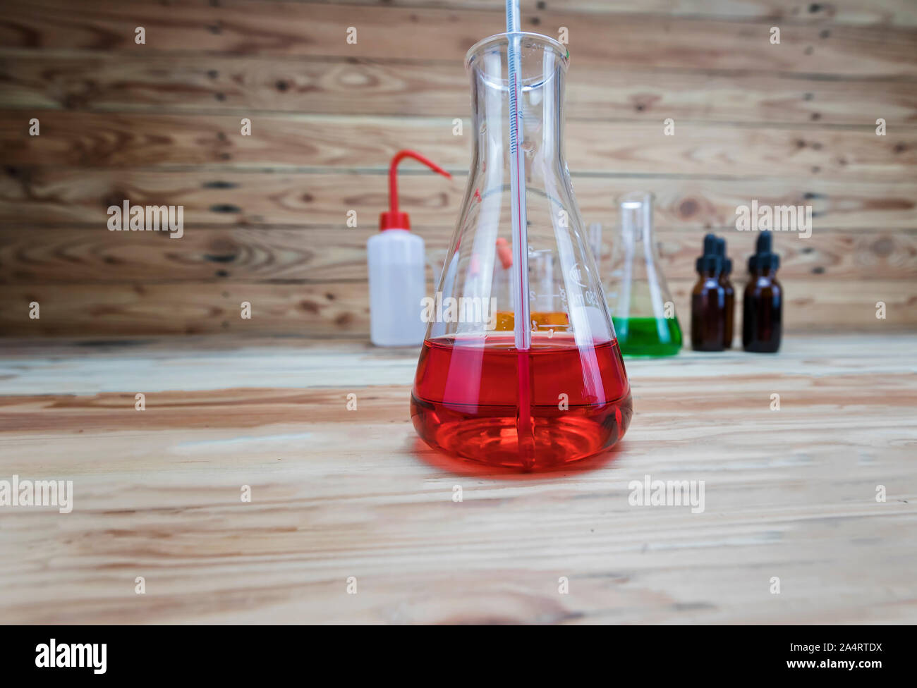 Beaker and bottle. Several chemical solution in flask. Laboratory ...