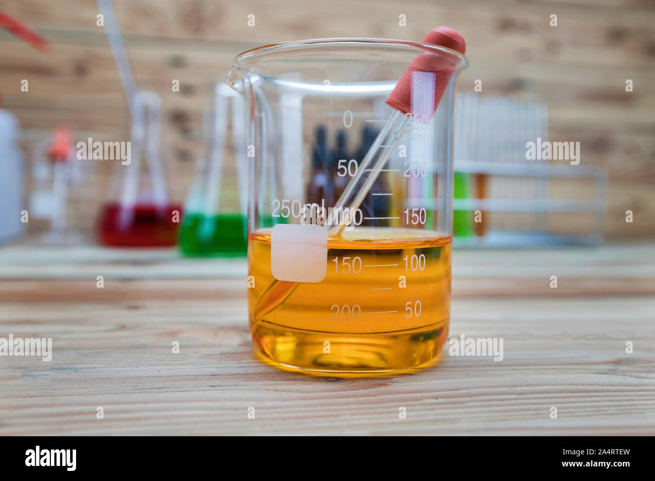 Beaker and bottle. Several chemical solution in flask. Laboratory ...