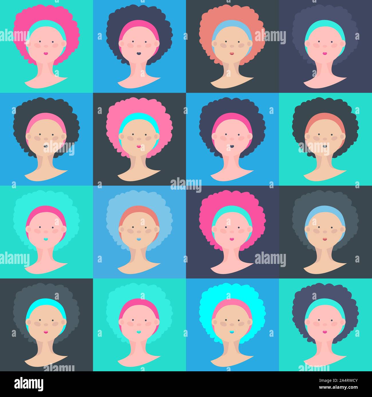 Seamless vector illustration. Young woman head in different color ...