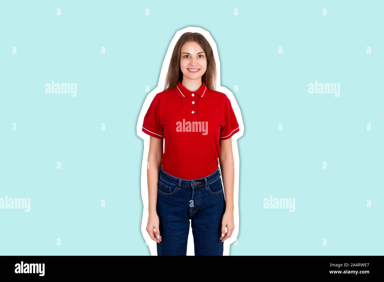 Isolated portrait of a delivery young woman Magazine collage style with ...