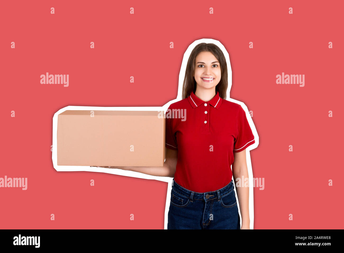 Young happy female delivery with a package in her hands Magazine ...