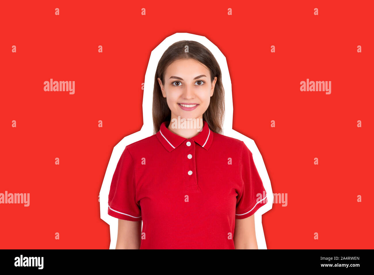 Isolated portrait of a delivery young woman Magazine collage style with ...