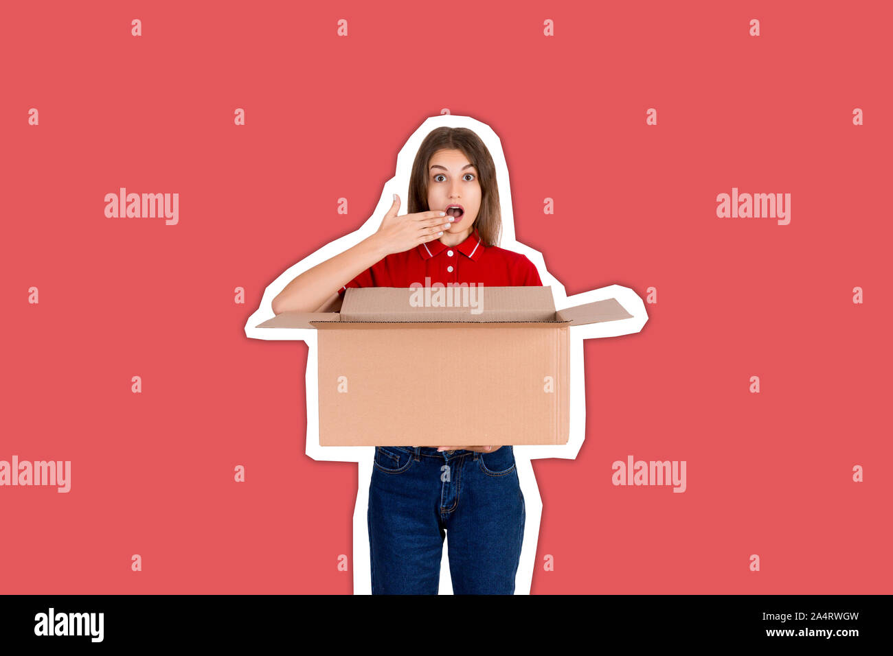 Young delivery woman is making a surprise gesture Magazine collage ...