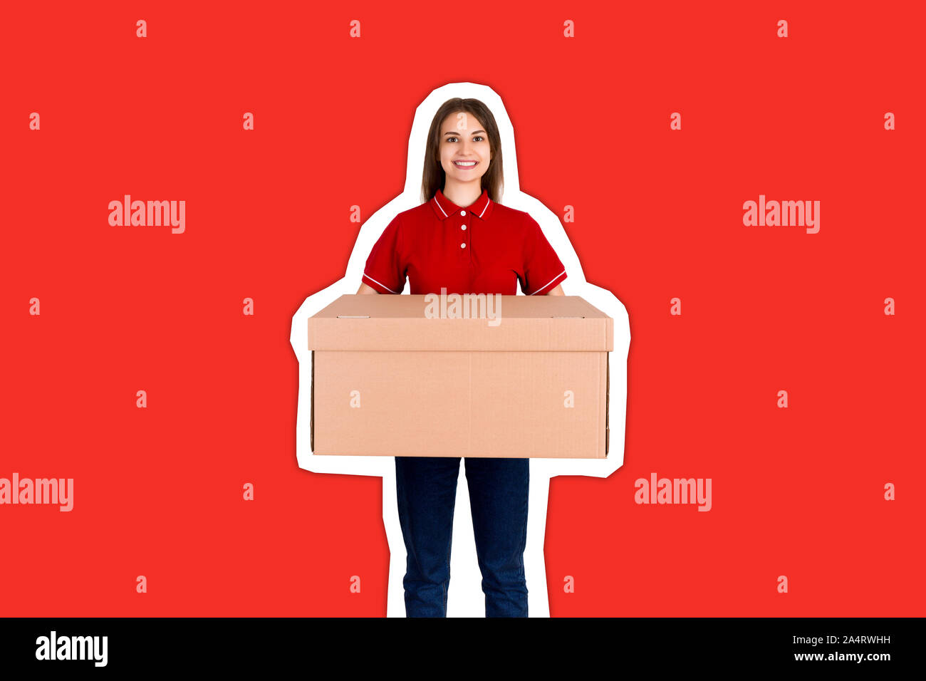 Young happy female delivery with a package in her hands Magazine ...