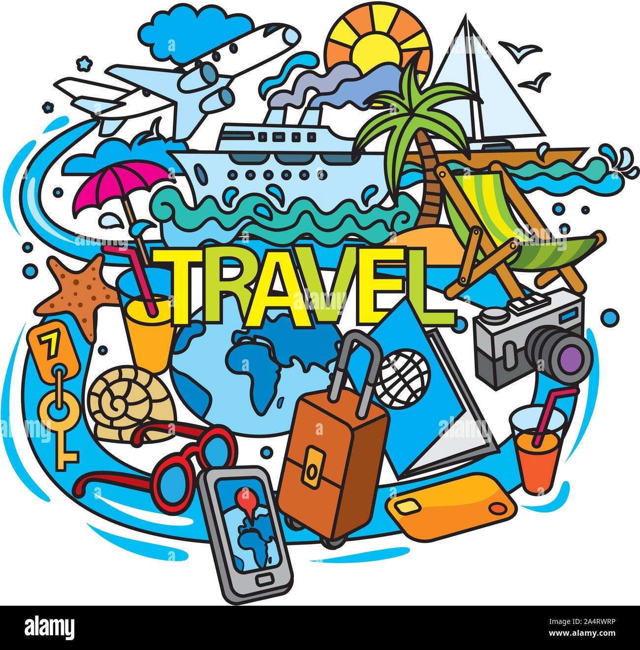 concept illustrations of fun travel doodles with vacations, tourism and ...