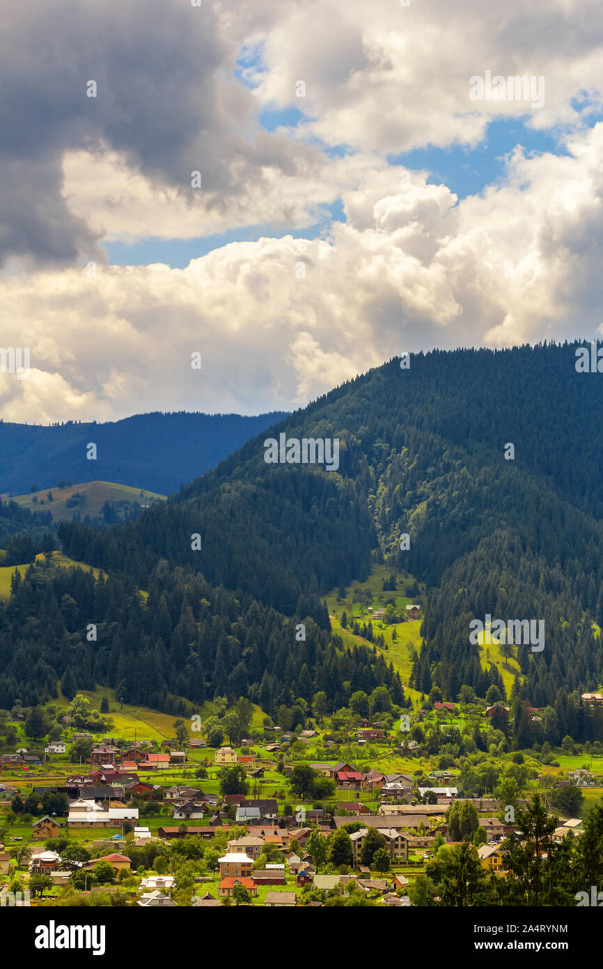 Ukraine, Carpathians. View of the Verkhovyna village from the lookout ...
