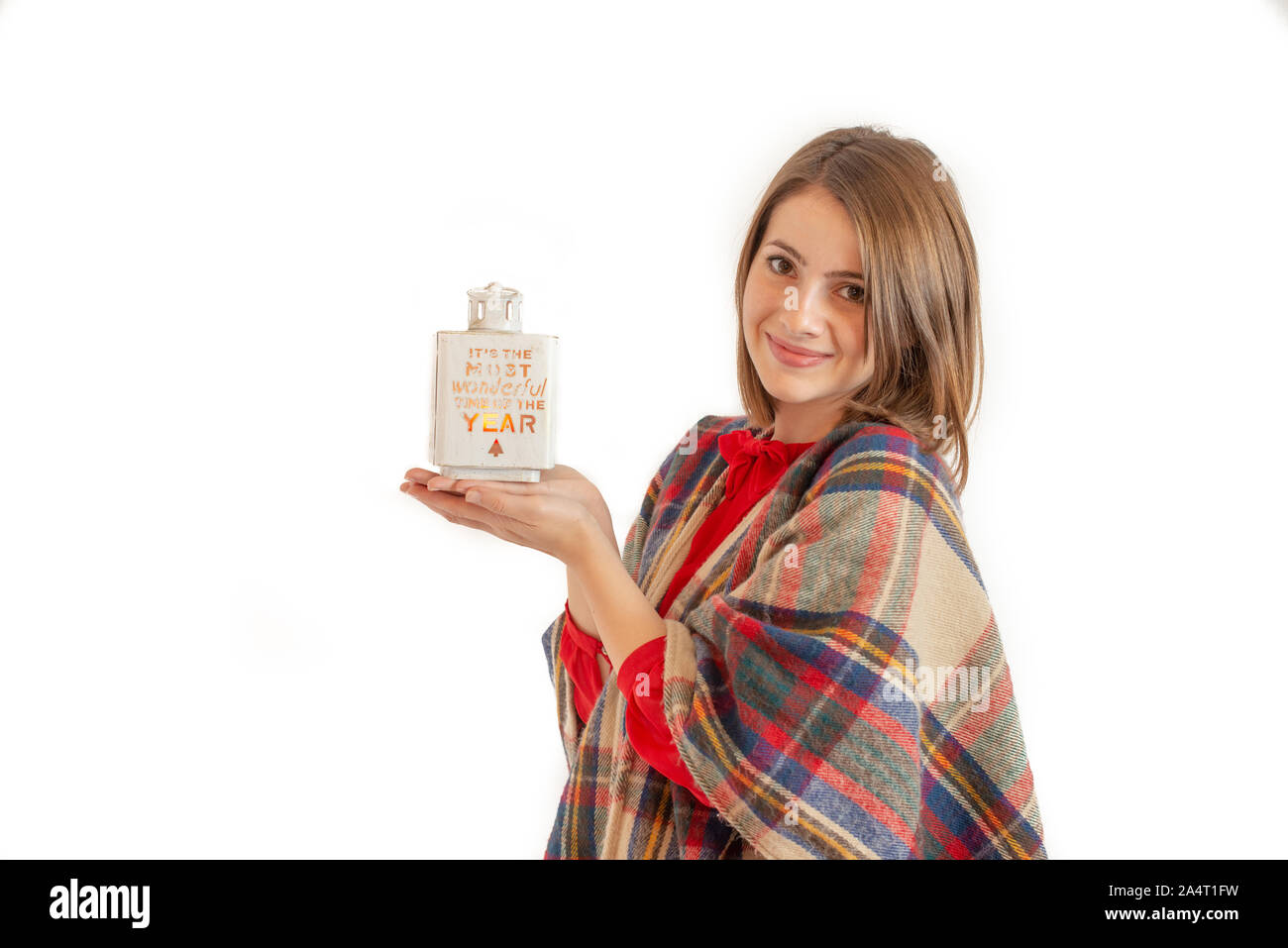 girl in Christmas dress with lamp in her hand Stock Photo - Alamy
