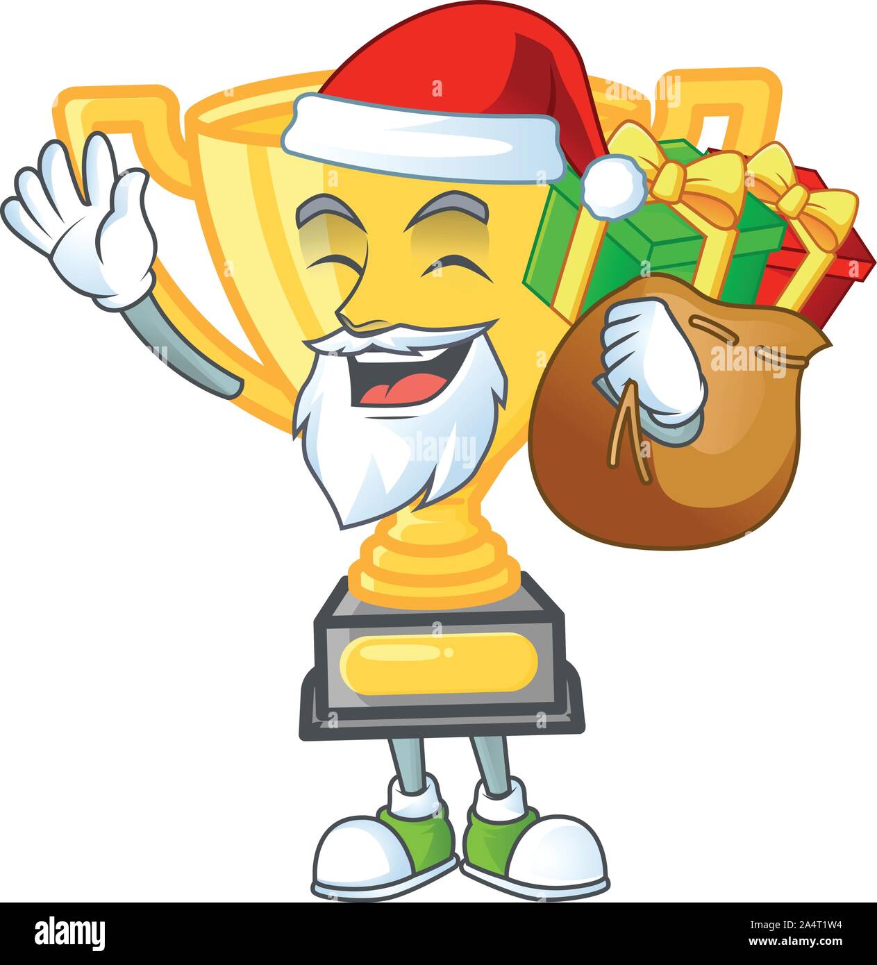 Santa with gift cartoon gold trophy on white background Stock Vector ...