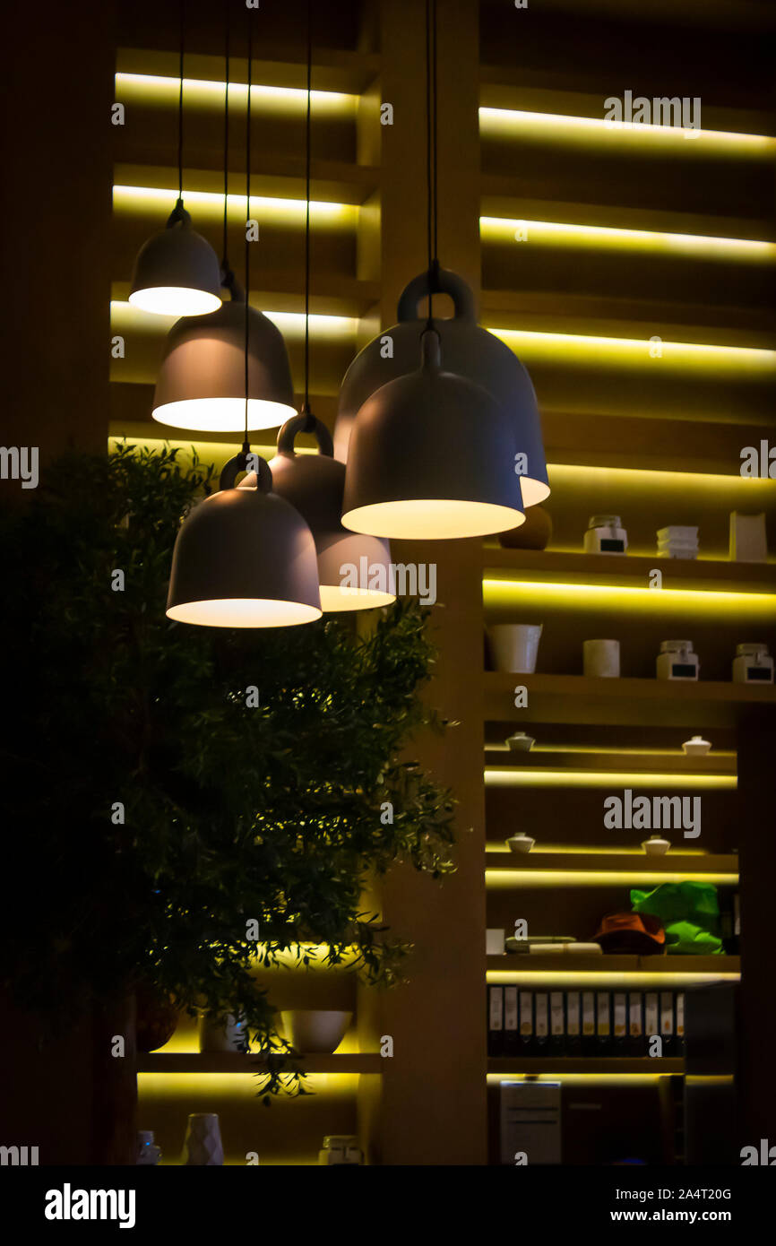 Hanging ceiling lamps in a roadside cafe Stock Photo - Alamy