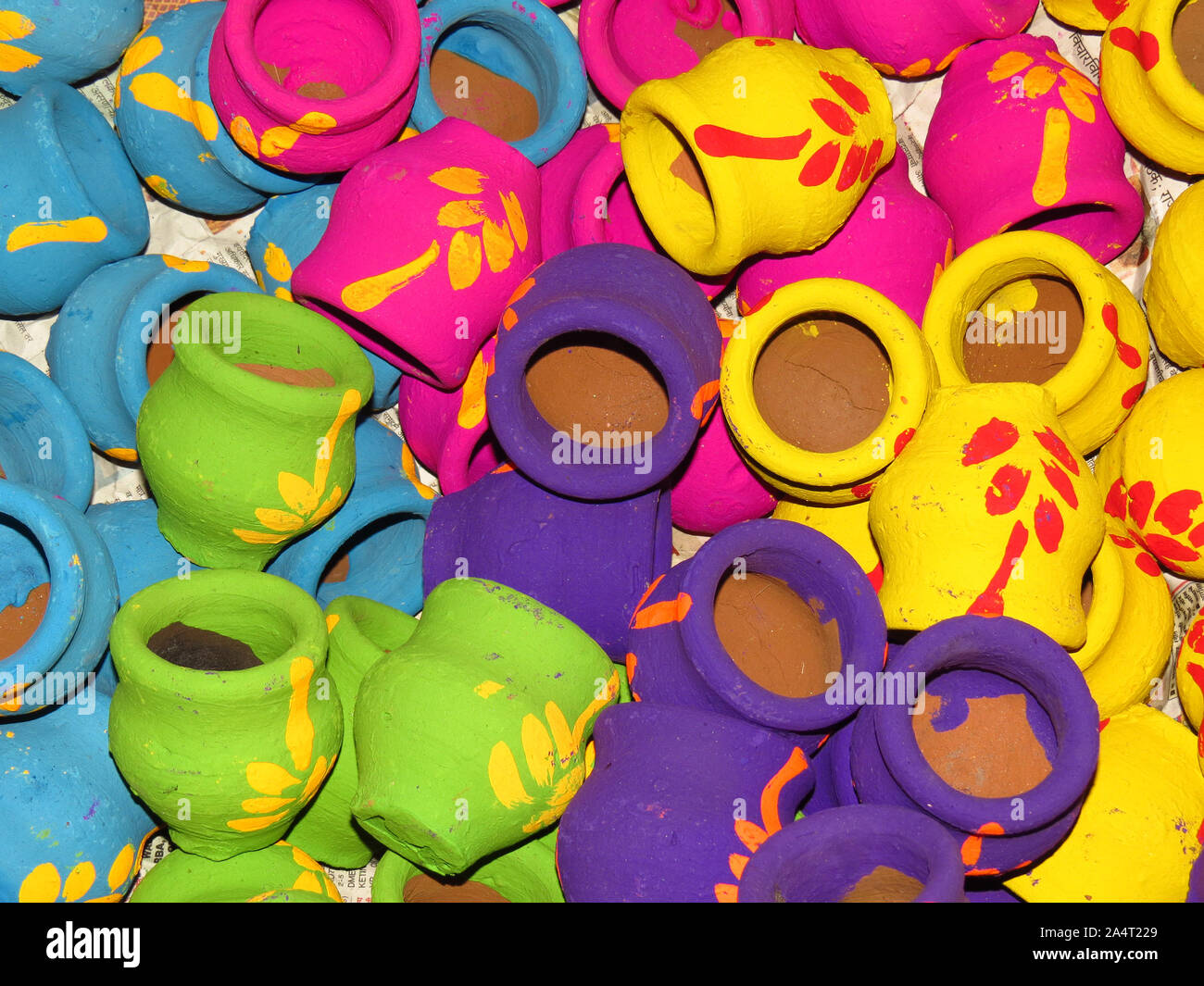 Colorful pots used traditionally for Diwali festival in India during ...