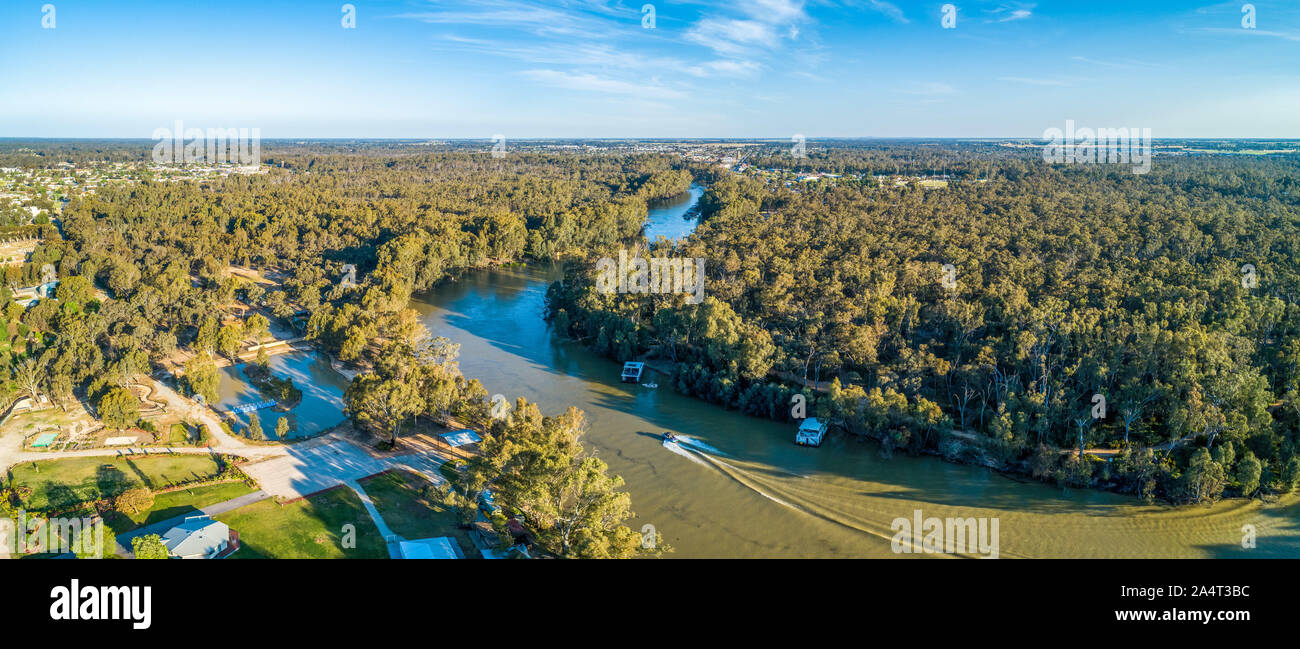 Aerial panoramic landscape of boat sailing on Murray River in Australia ...