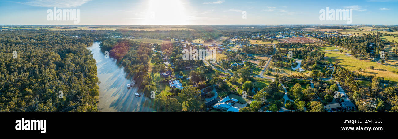 Aerial panorama of Moama town and Murray River at sunset Stock Photo ...