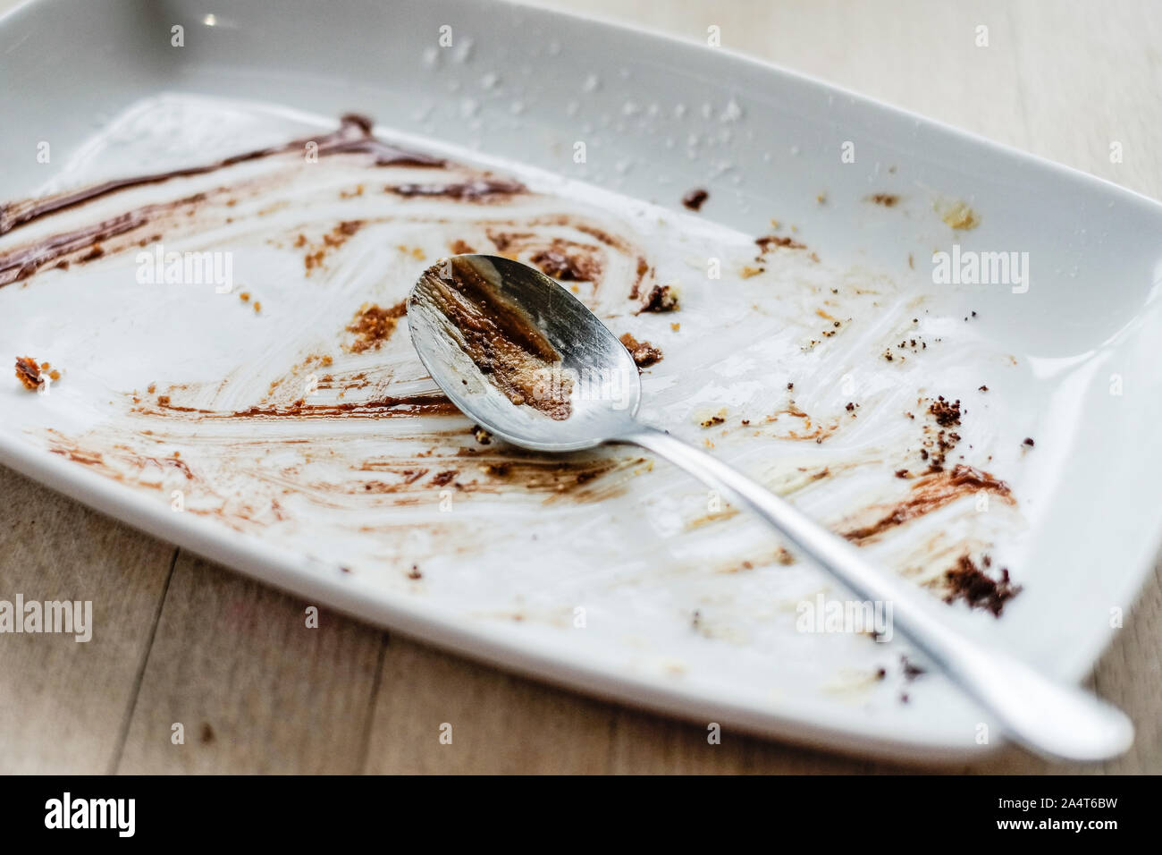 An empty plate after a chocolate dessert has been eaten in a restaurant ...