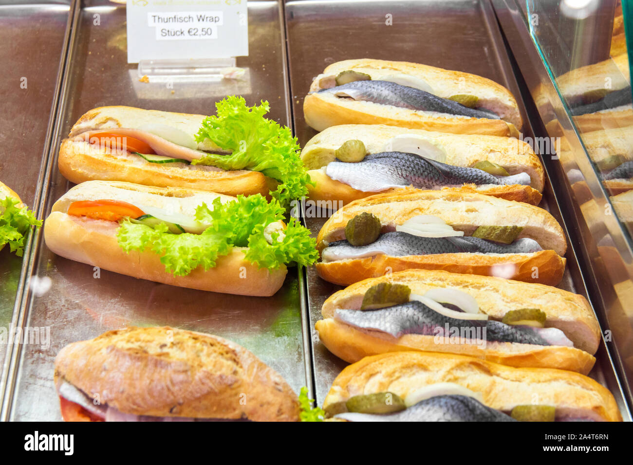 Display window show case of a bakery and pastry shop with assortment of ...