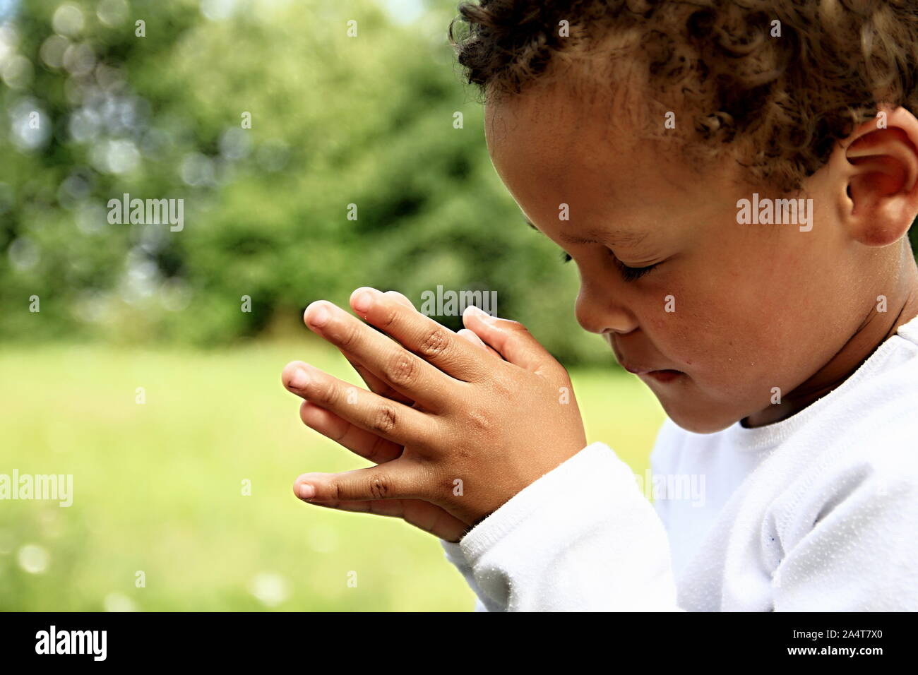 little boy praying to God with hands together stock photo Stock Photo ...
