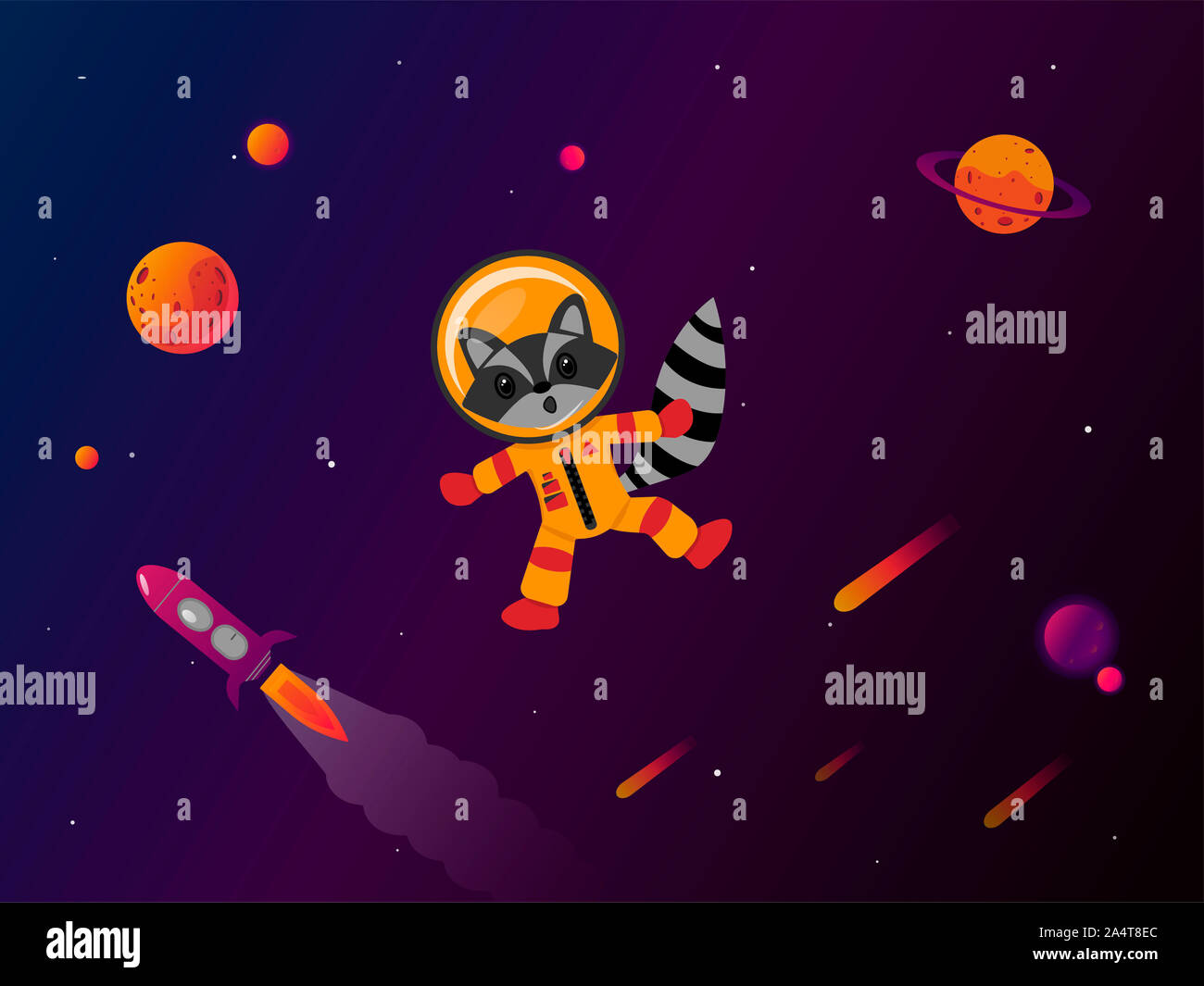 Raccoon in space, colorful character illustration, universe concept ...
