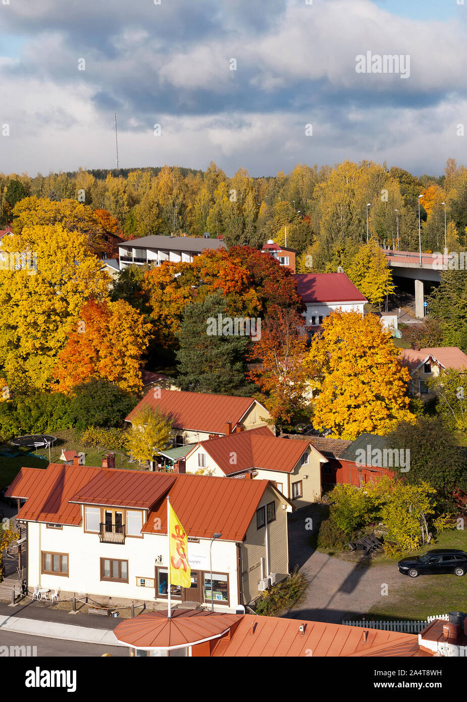 Puumala, Finland–October 5, 2019: Top view of the house with red roofs ...
