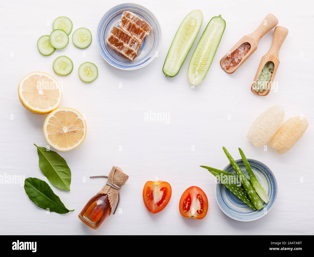 Natural herbal skin care products. Top view ingredients cucumber ,aloe vera ,lemon ,honey ...