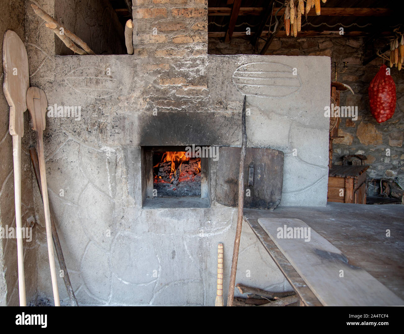 Home wood-burning stove in which the fire burns.There are household ...