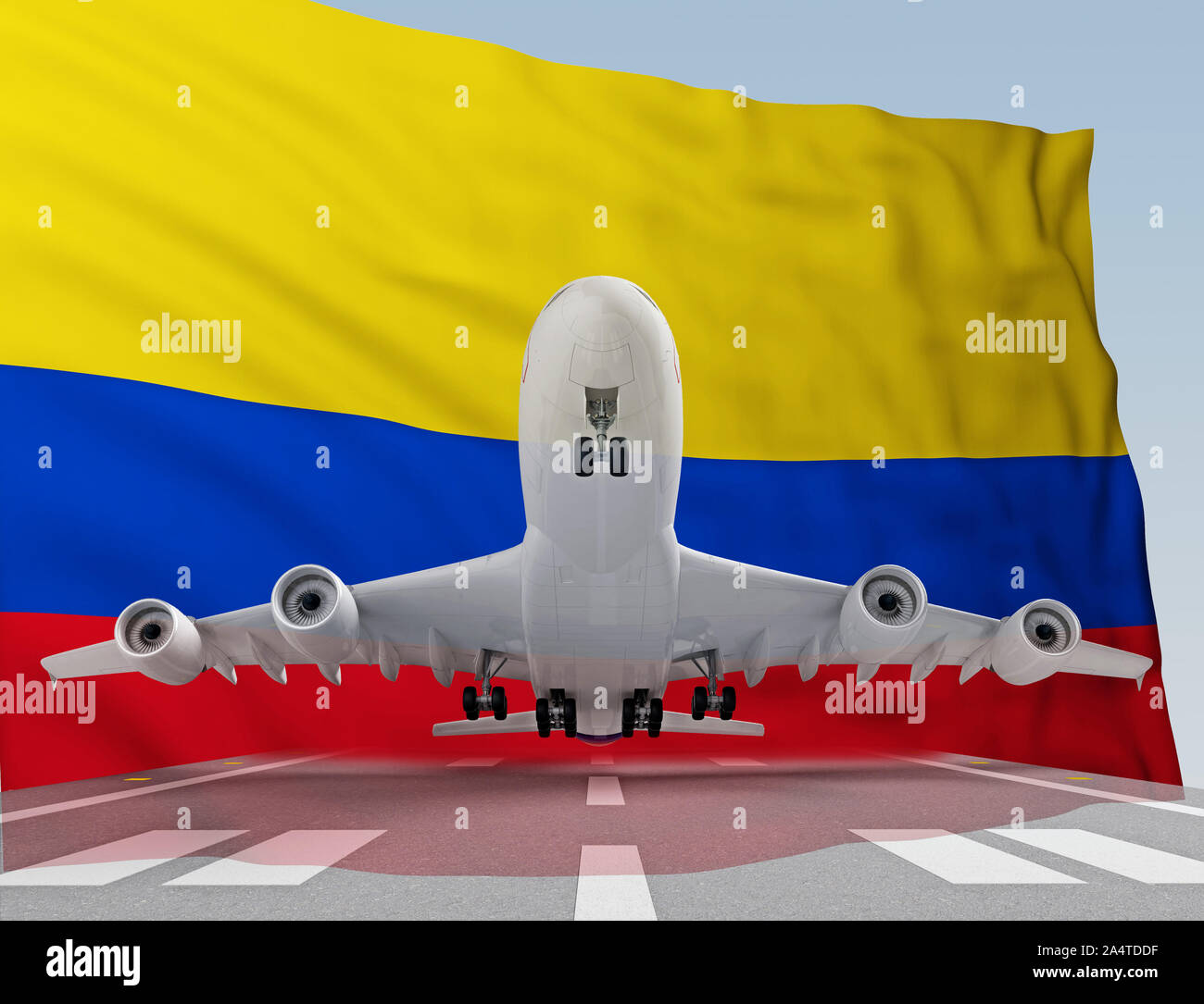 airplane takes off against backdrop Colombia flag. 3d rendering Stock ...