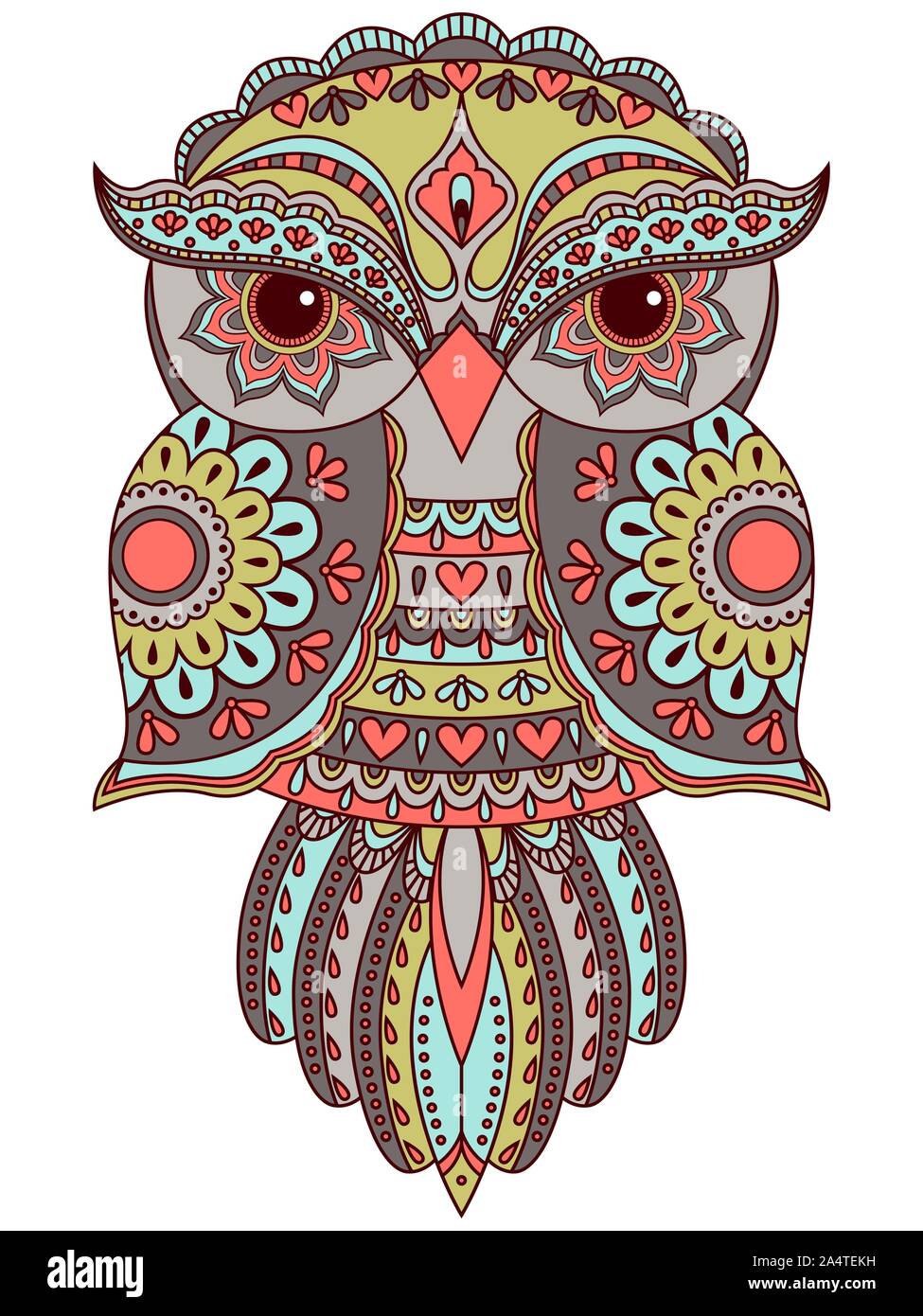 Serious owl with various pattern and big eyes in muted grey, green ...