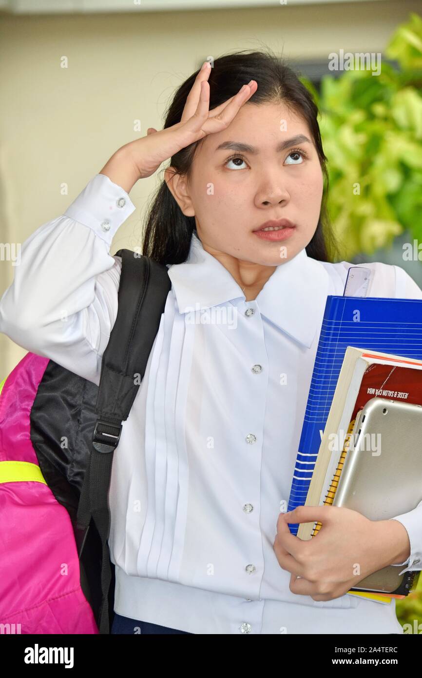 Cute Chinese Female Student Under Stress Wearing School Uniform Stock ...