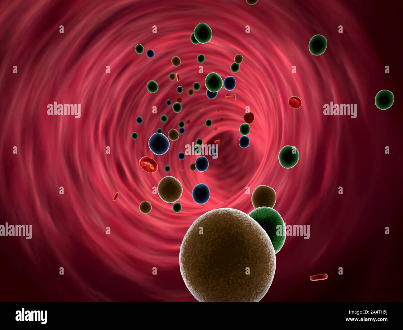 3D illustration of drugs in a blood, insulin and leukocytes inside the ...