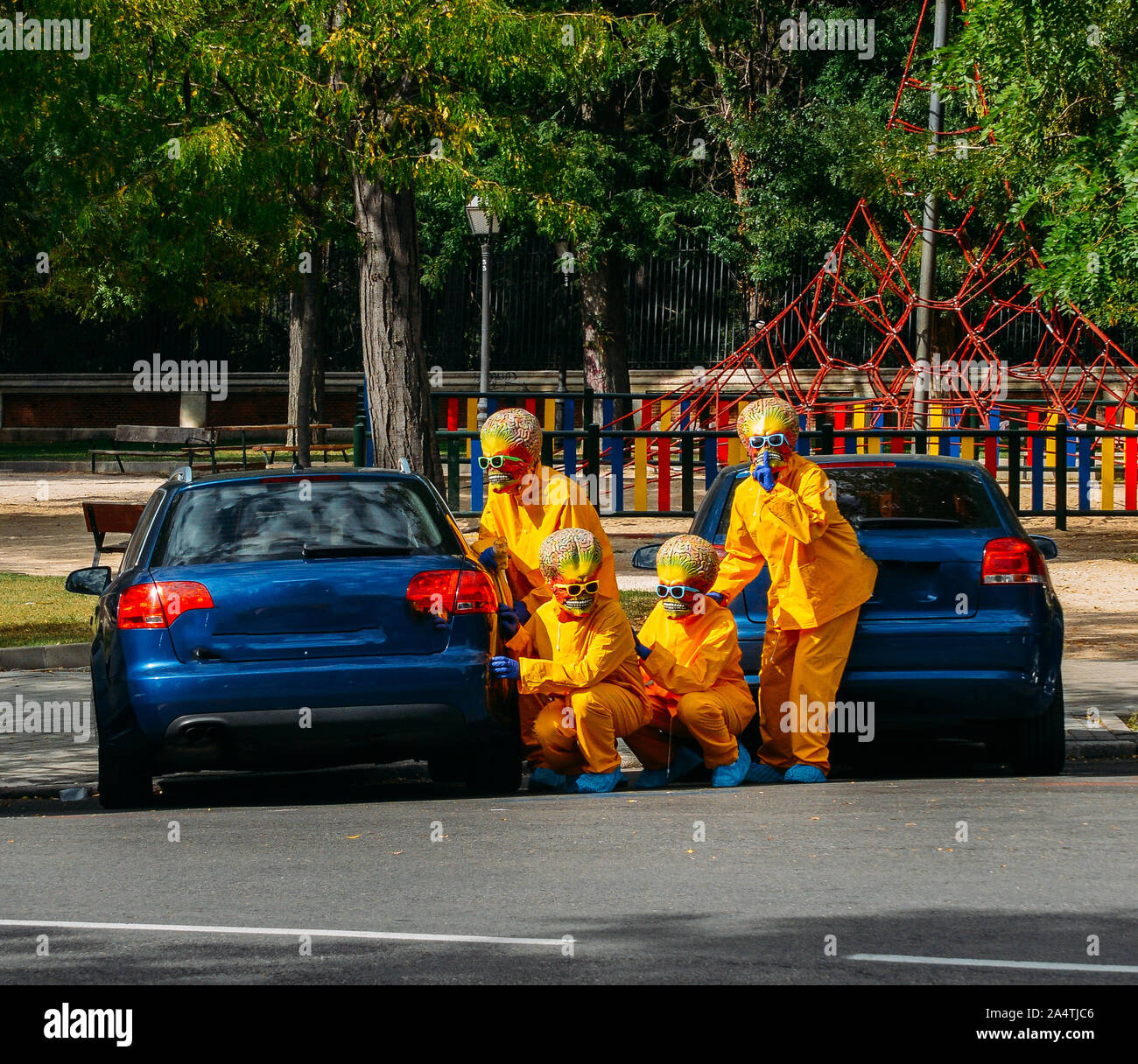 Madrid, Spain - Oct 12, 2019: Actors dressed up as aliens during a film ...
