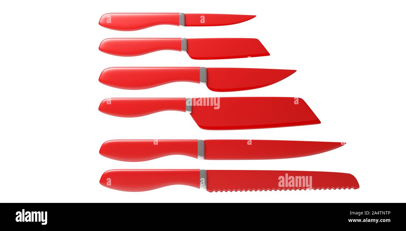 Kitchen knives set ceramic red color isolated cutout against white ...