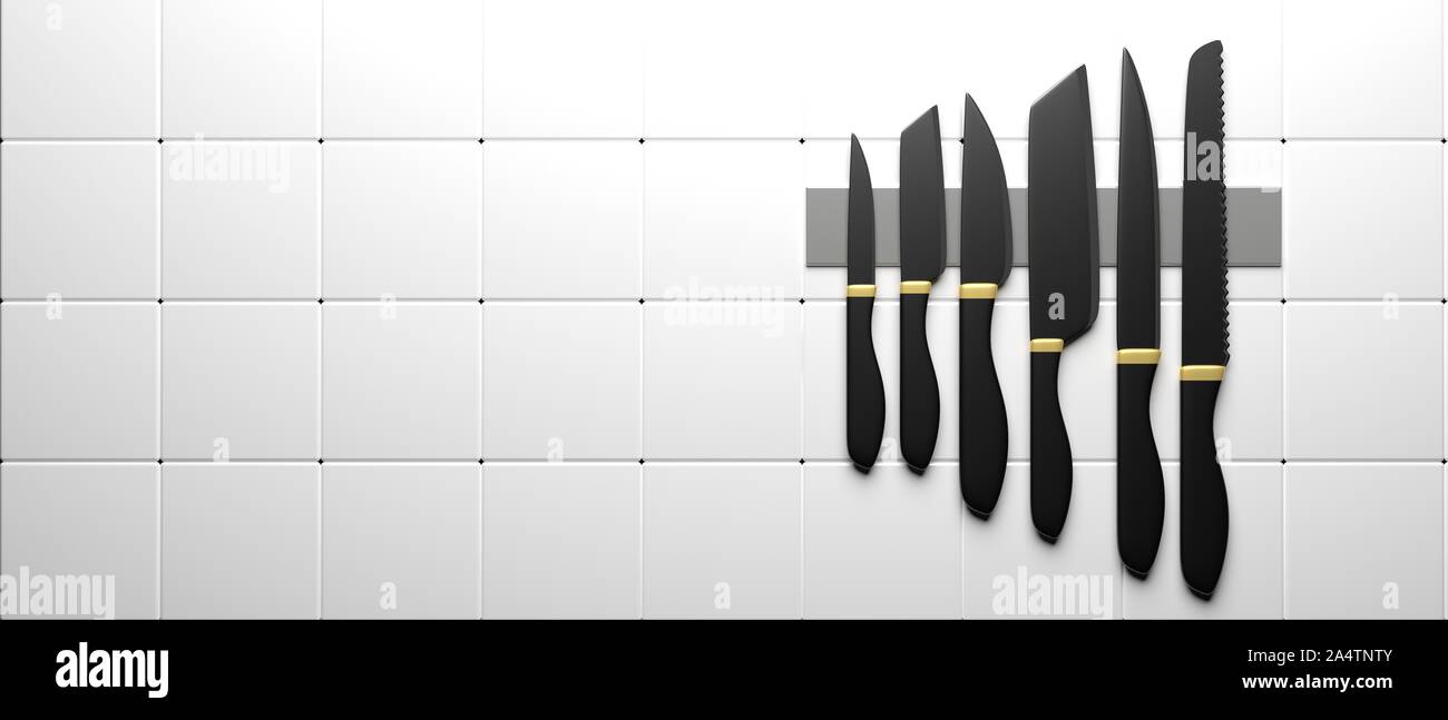Kitchen knives set ceramic black color against white tiled wall ...