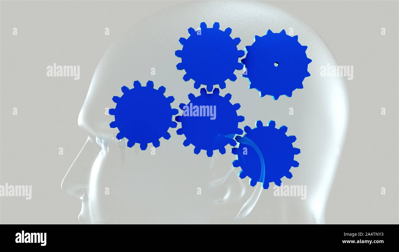 Spinning gears inside a head. 3d rendering of the thought process ...