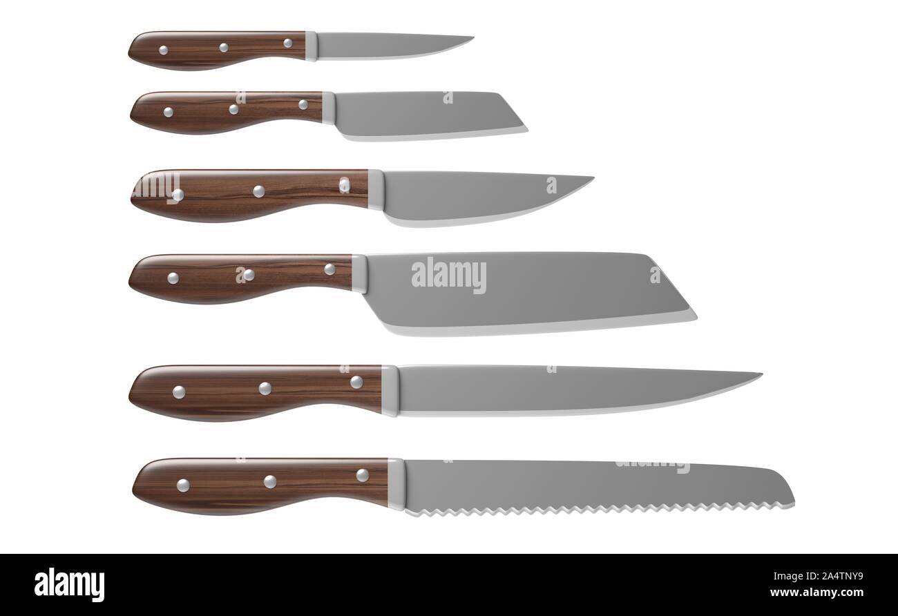 Kitchen knives set metal with wooden handles isolated cutout against ...